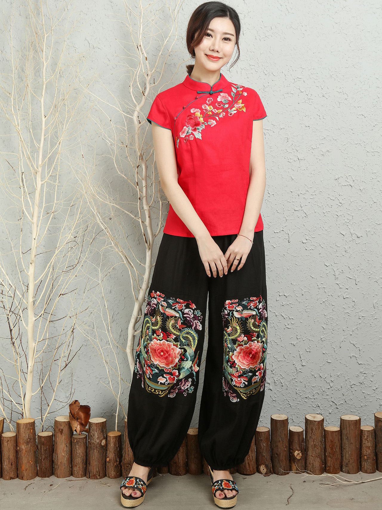 Mandarin Collar Floral Embroidery Cheongsam Top Traditional Chinese Bl ...