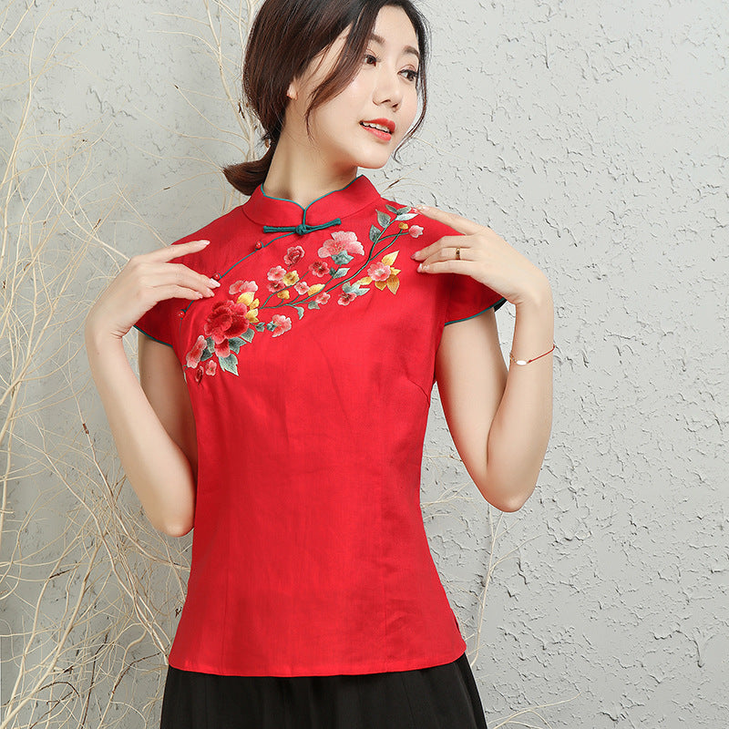 Mandarin Collar Floral Embroidery Cheongsam Top Traditional Chinese Bl ...