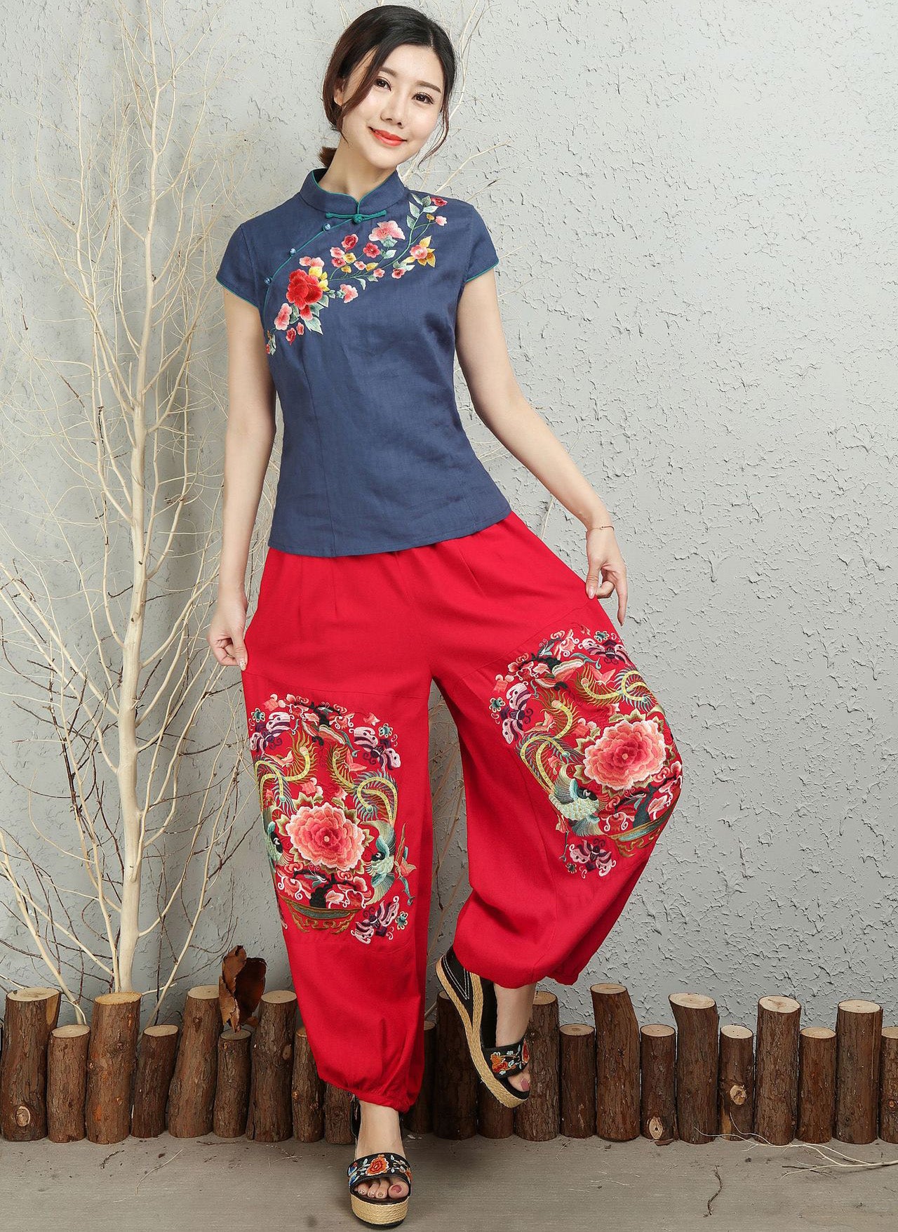 Mandarin Collar Floral Embroidery Cheongsam Top Traditional Chinese Bl ...