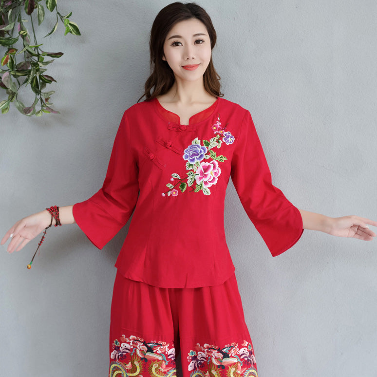 Mandarin Sleeve Floral Embroidery Traditional Chinese Blouse – IDREAMMART