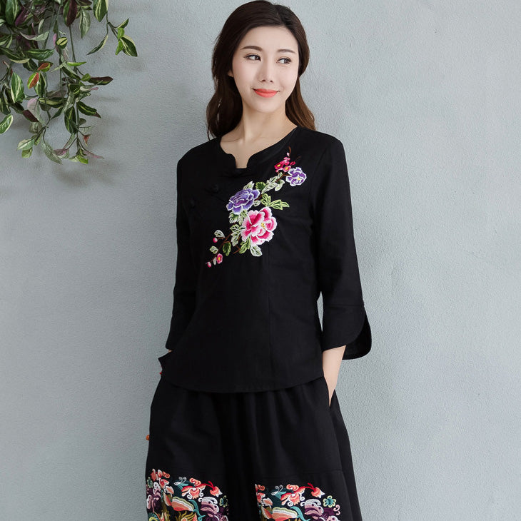Mandarin Sleeve Floral Embroidery Traditional Chinese Blouse – IDREAMMART