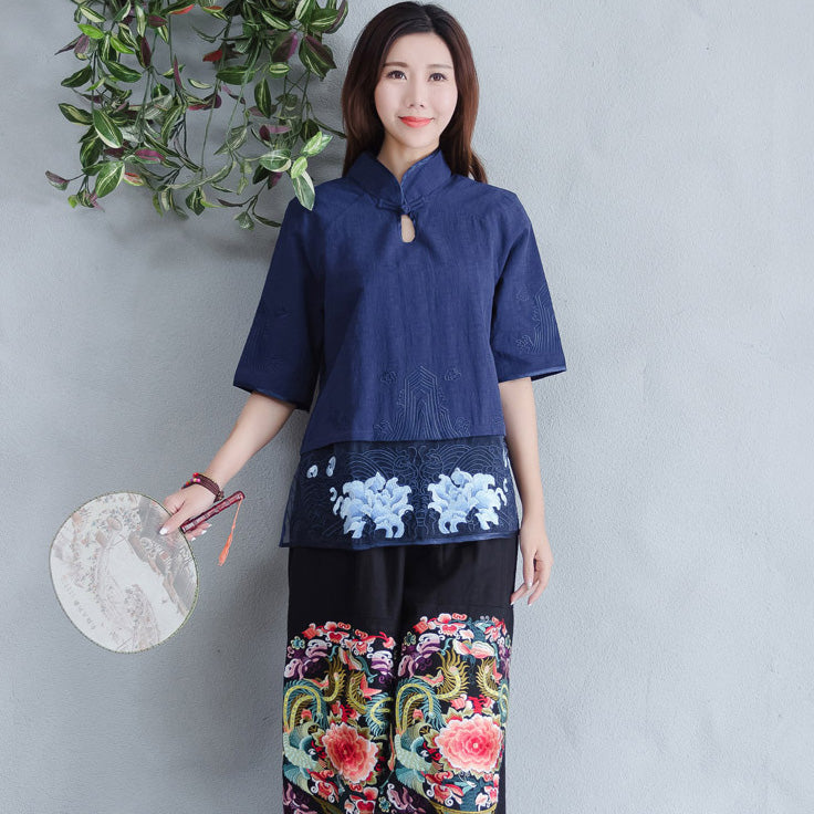 Cheongsam Top Traditional Chinese Blouse with Floral Embroidery Edge ...