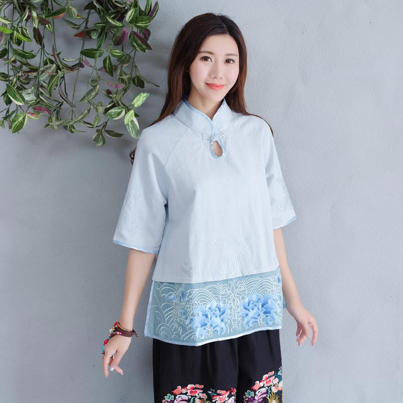 Cheongsam Top Traditional Chinese Blouse with Floral Embroidery Edge ...