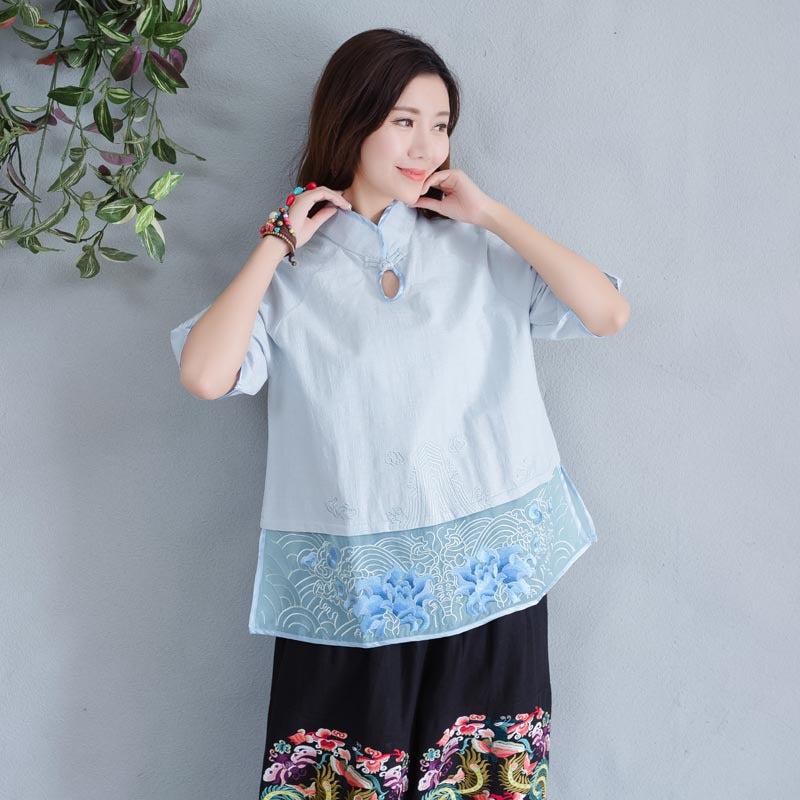 Cheongsam Top Traditional Chinese Blouse with Floral Embroidery Edge ...