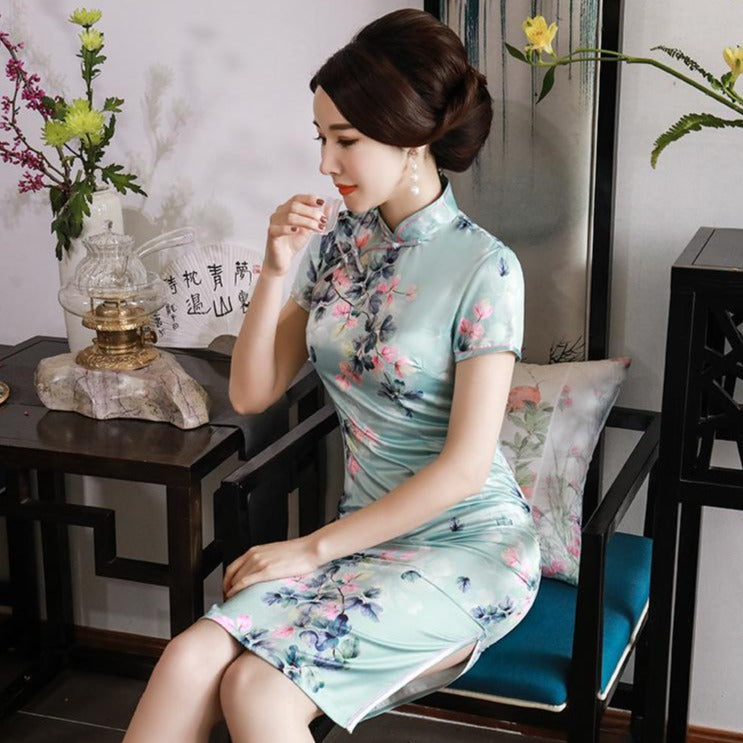 Plus Size Floral Silk Cheongsam Knee Length Chinese Dress Day Dress ...