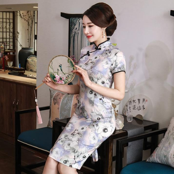 Plus Size Floral Silk Cheongsam Knee Length Chinese Dress Day Dress ...