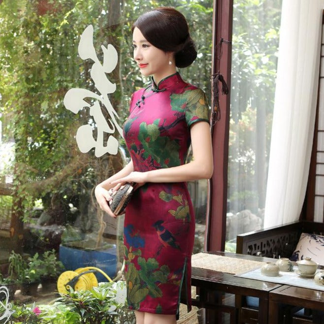 Plus Size Floral Silk Cheongsam Mini Chinese Dress Day Dress – IDREAMMART