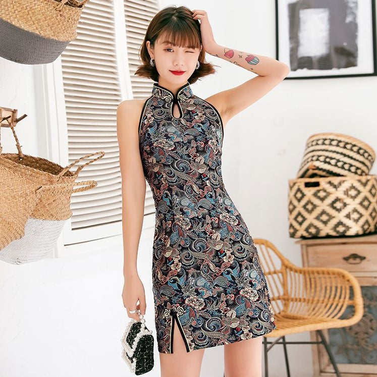 Halter Top Floral Brocade Mini Cheongsam Chic Chinese Dress – IDREAMMART