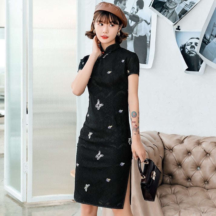 Butterfly Pattern Mini Cheongsam Retro Lace Chinese Dress – IDREAMMART