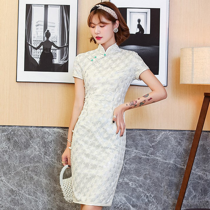 Retro Shanghai Style Short Sleeve Mini Cheongsam Lace Chinese Dress ...