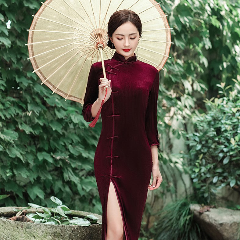 3/4 Sleeve Side Slit Traditional Velvet Cheongsam Chinese Dress ...