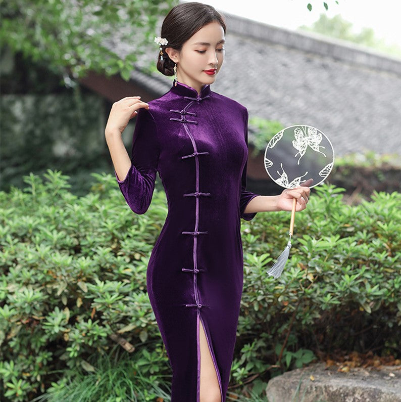 3/4 Sleeve Side Slit Traditional Velvet Cheongsam Chinese Dress ...