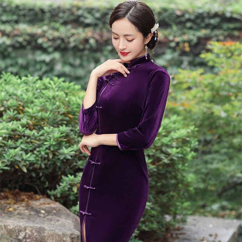 3/4 Sleeve Side Slit Traditional Velvet Cheongsam Chinese Dress ...