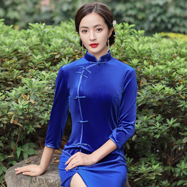 3/4 Sleeve Side Slit Traditional Velvet Cheongsam Chinese Dress ...