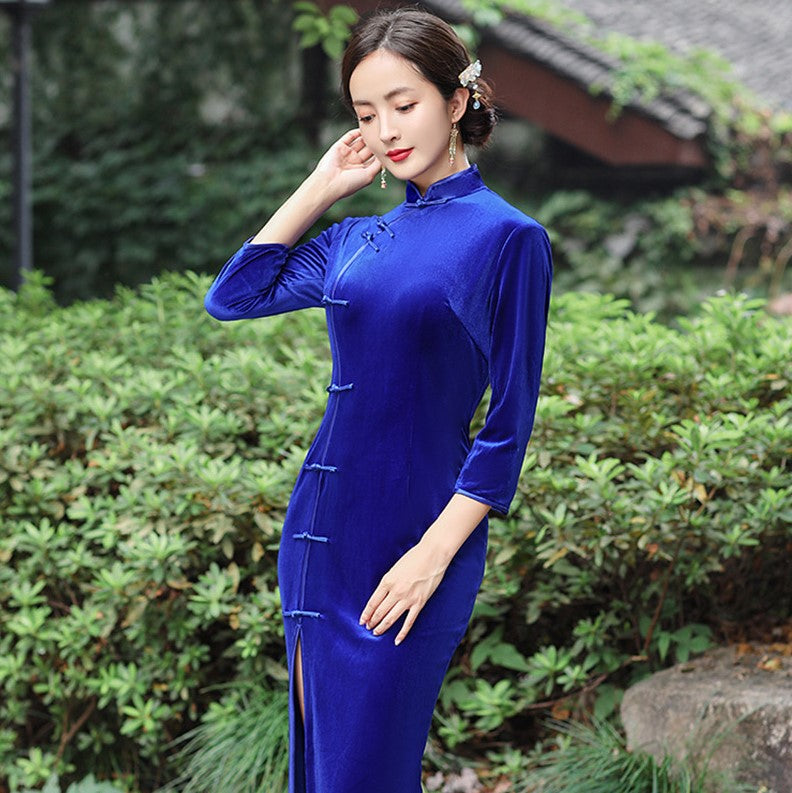 3/4 Sleeve Side Slit Traditional Velvet Cheongsam Chinese Dress ...