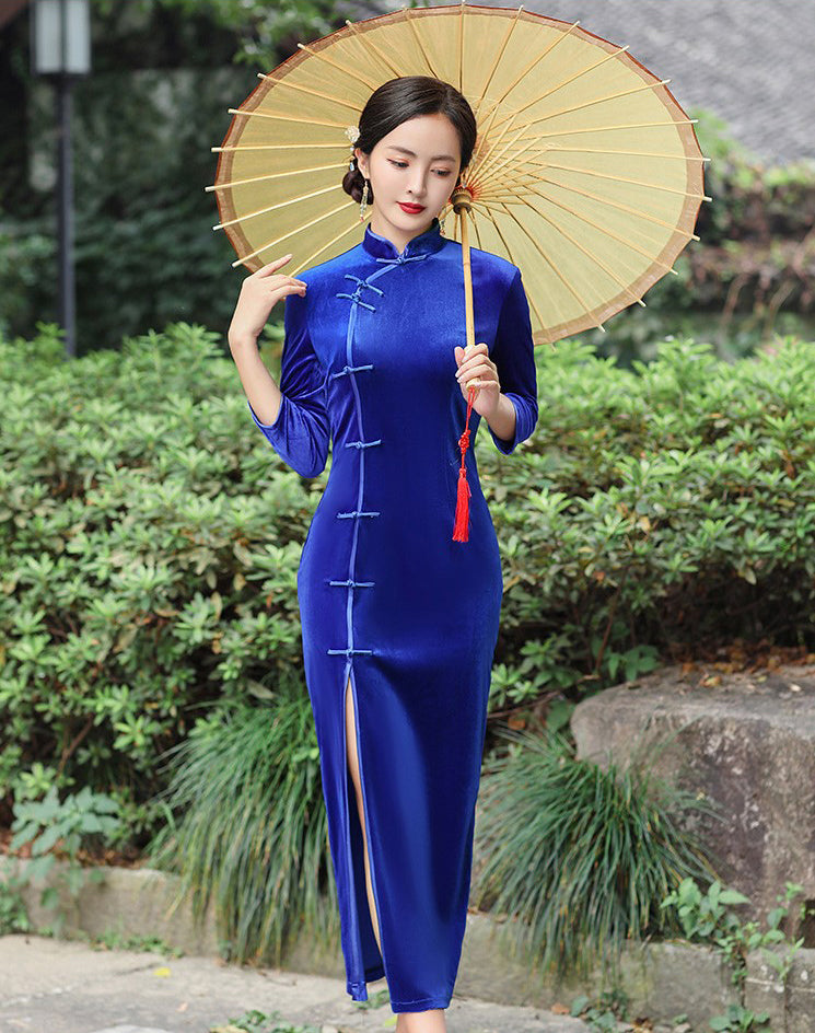 3/4 Sleeve Side Slit Traditional Velvet Cheongsam Chinese Dress ...