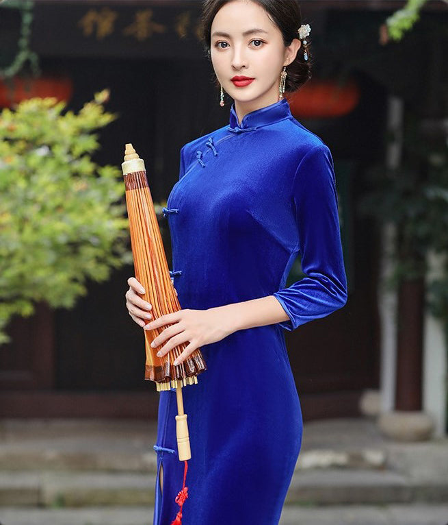 3/4 Sleeve Side Slit Traditional Velvet Cheongsam Chinese Dress ...