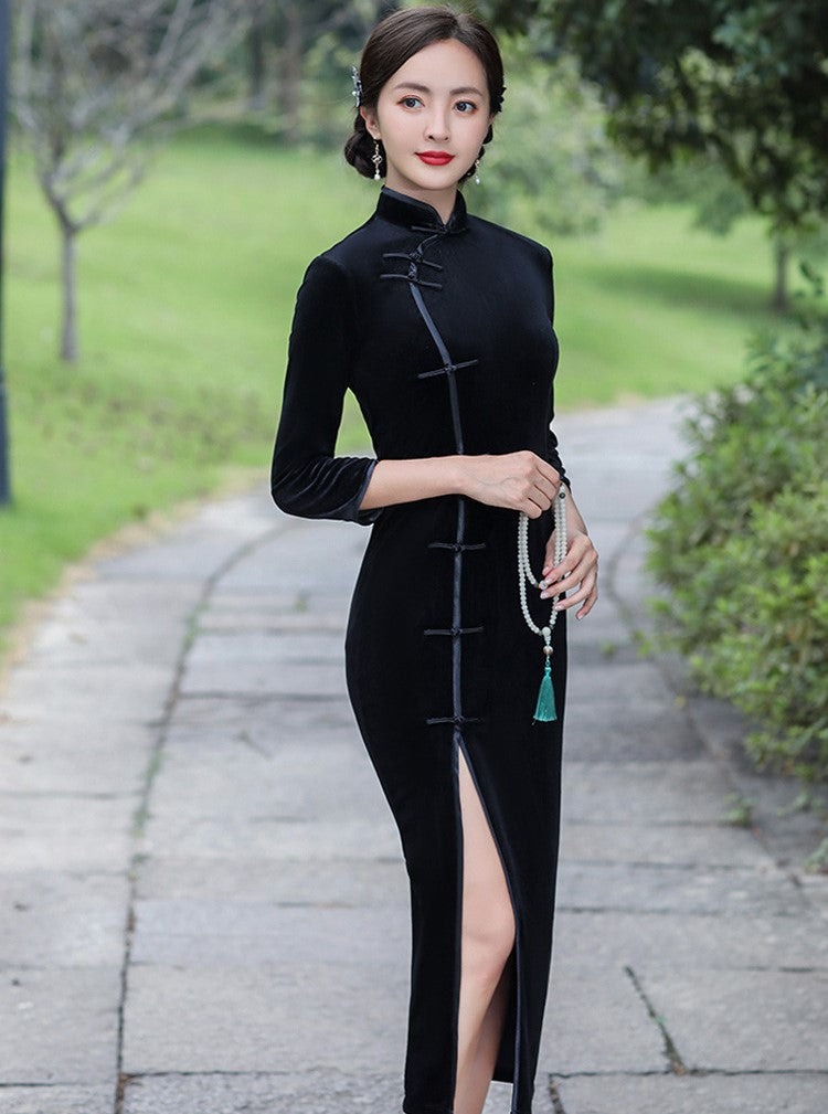3/4 Sleeve Side Slit Traditional Velvet Cheongsam Chinese Dress ...
