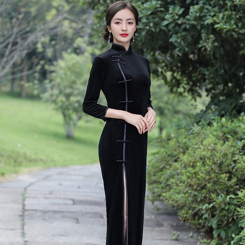 3/4 Sleeve Side Slit Traditional Velvet Cheongsam Chinese Dress ...