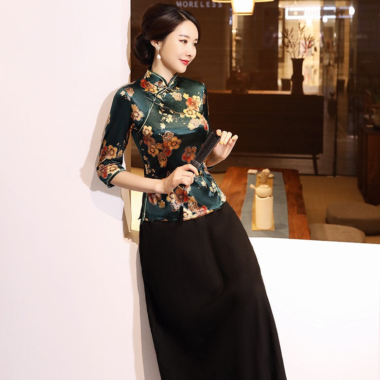 3/4 Sleeve Mandarin Collar Floral Velvet Chinese Shirt Traditional Cos ...