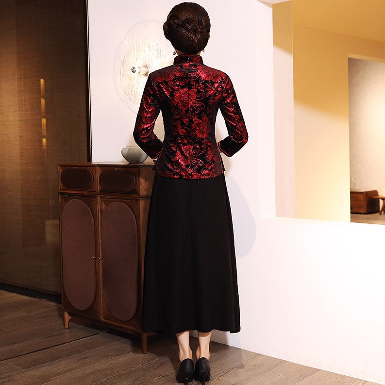 3/4 Sleeve Mandarin Collar Floral Velvet Chinese Shirt Traditional Cos ...