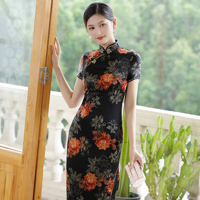 Cap Sleeve Begonia Pattern Silk Traditional Cheongsam Chinese Dress Mo ...