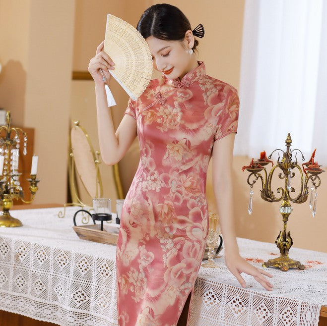 Cap Sleeve Floral Silk Traditional Cheongsam Chinese Dress Evening Dre ...