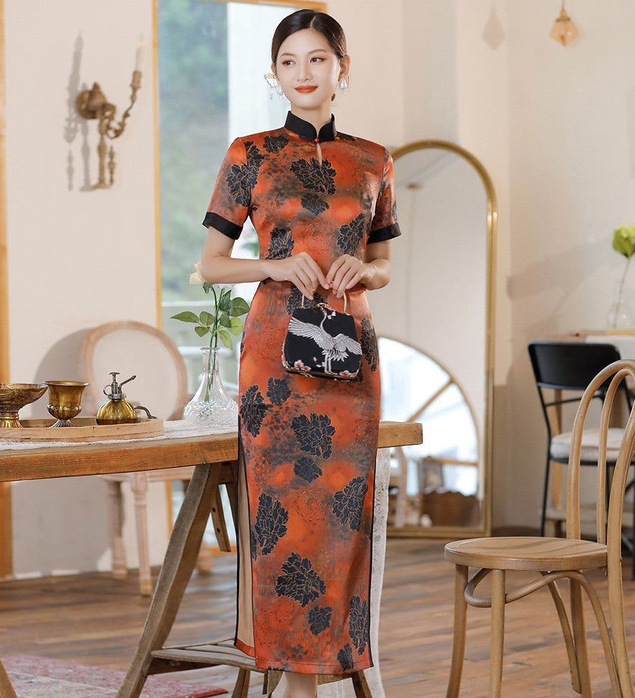 Short Sleeve Floral Silk Traditional Cheongsam Chinese Dress Evening D ...
