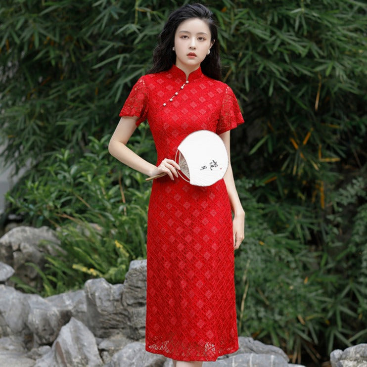 Short Sleeve Grid Pattern Lace Traditional Cheongsam Chinese Dress Eve ...