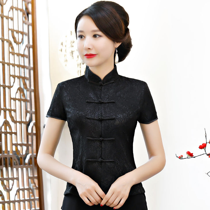Short Sleeve Floral Lace Traditional Cheongsam Top Chinese Shirt ...