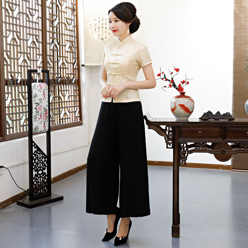 Short Sleeve Floral Lace Traditional Cheongsam Top Chinese Shirt ...