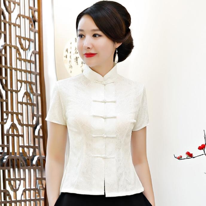 Short Sleeve Floral Lace Traditional Cheongsam Top Chinese Shirt ...