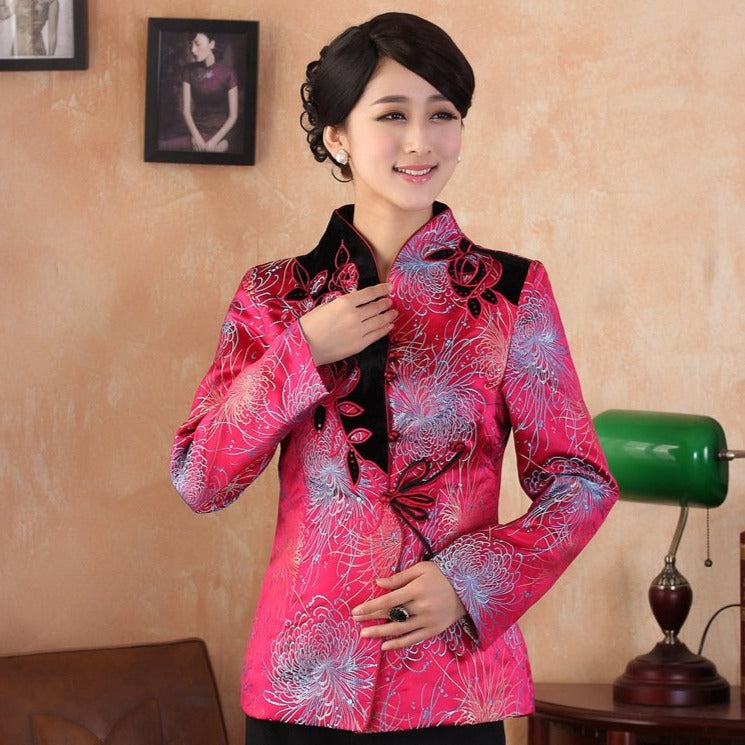 V Neck Brocade Tradtional Chinese Jacket with Butterfly Button – IDREAMMART