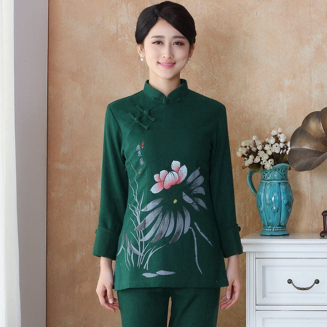Lotus Print Signature Cotton Traditional Chinese Blouse – IDREAMMART