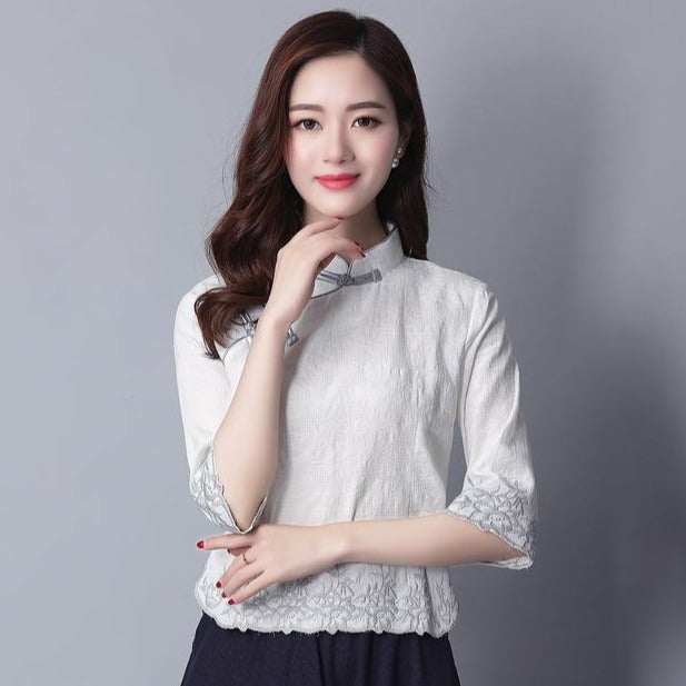 Mandarin Sleeve Cheongsam Top Chinese Style Shirt with Floral Embroide ...