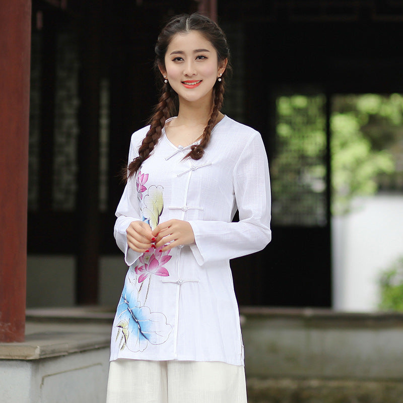 V Neck Chinese Style Floral Shirt with Strap Buttons – IDREAMMART