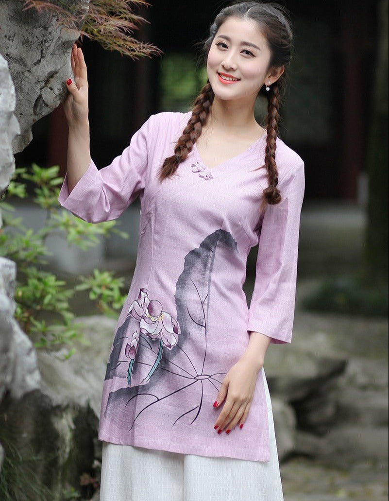 V Neck Mandarin Sleeve Chinese Style Floral Shirt with Strap Buttons ...