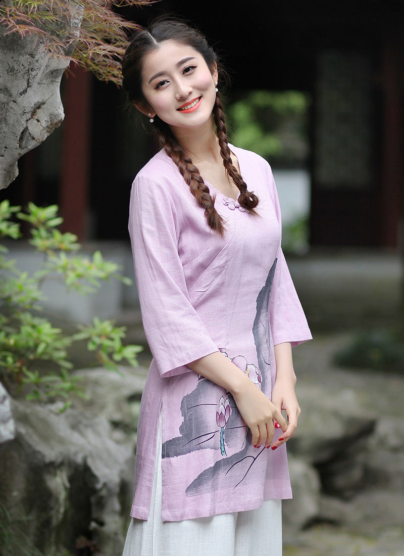 V Neck Mandarin Sleeve Chinese Style Floral Shirt with Strap Buttons ...