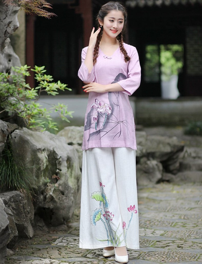 V Neck Mandarin Sleeve Chinese Style Floral Shirt with Strap Buttons ...