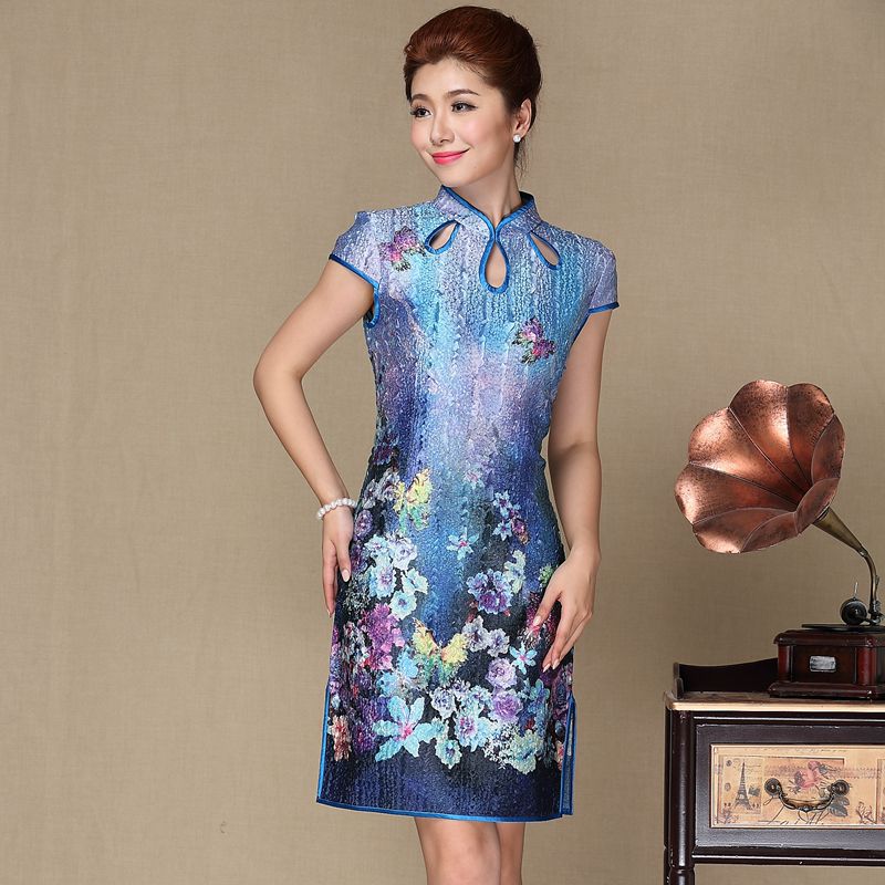 Knee Length Silk & Linen Cheongsam Floral Chinese Dress – IDREAMMART
