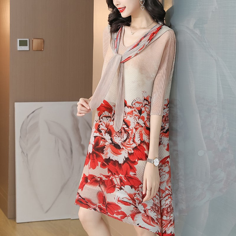 Round Neck Folded Floral Chinese Style Casual Dress with Neck Scarf ...