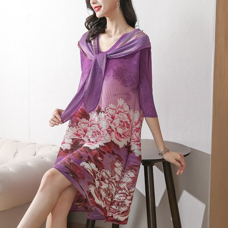 Round Neck Folded Floral Chinese Style Casual Dress with Neck Scarf ...