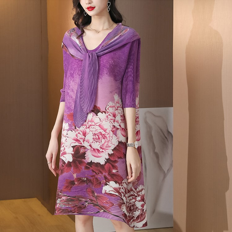 Round Neck Folded Floral Chinese Style Casual Dress with Neck Scarf ...