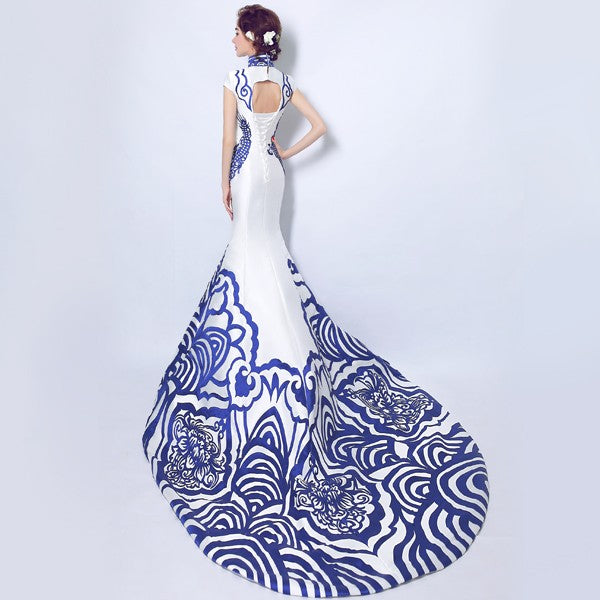 Blue & White Porcelain Pattern Chinese Style Wedding Dress with Cathed ...