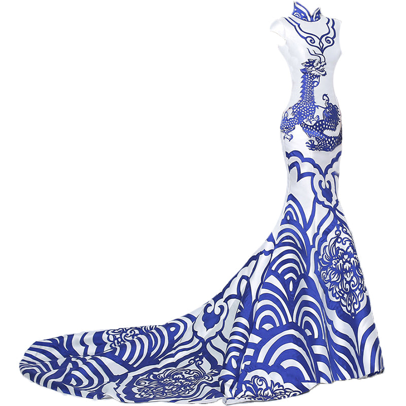 Blue & White Porcelain Pattern Chinese Style Wedding Dress with Cathed ...