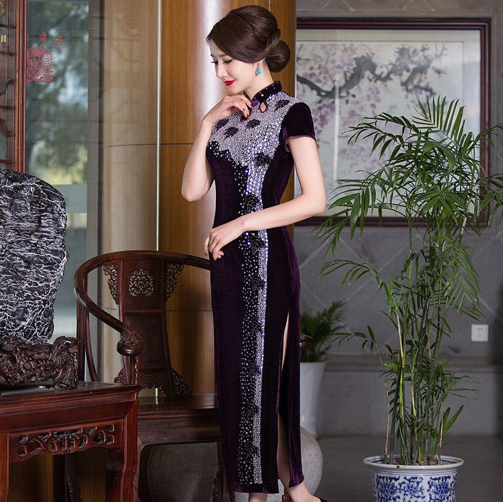 Keyhole Neck Full Length Velvet Cheongsam Chinese Dress with Sequins ...