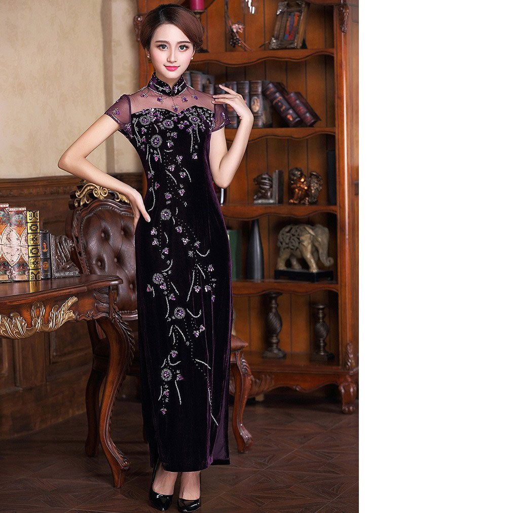 Illusion Neck Full Length Velvet Cheongsam Chinese Dress with Floral A ...