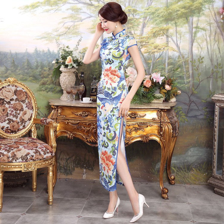 Full Length Floral Silk Blend Cheongsam Chinese Dress – IDREAMMART