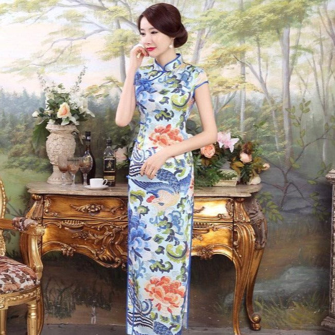 Full Length Floral Silk Blend Cheongsam Chinese Dress – IDREAMMART