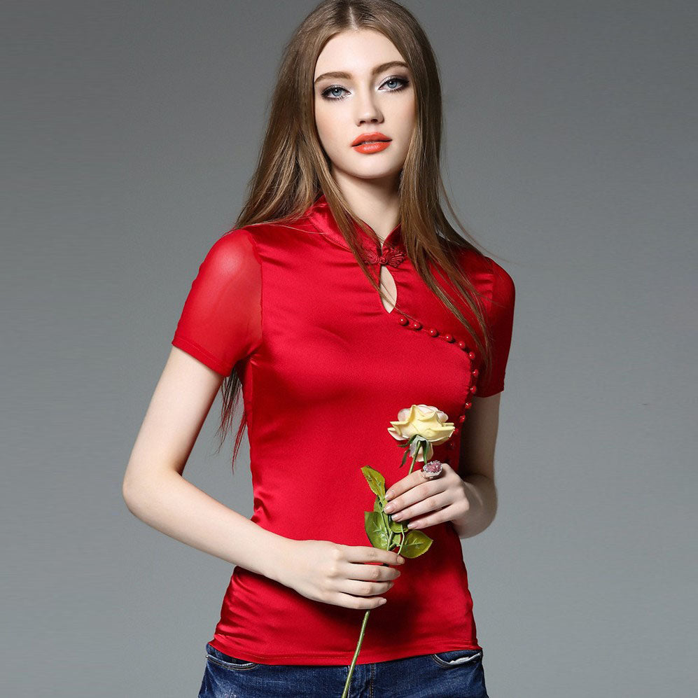 Silk Mandarin Collar Key Hole Neck Chinese Style Blouse – IDREAMMART